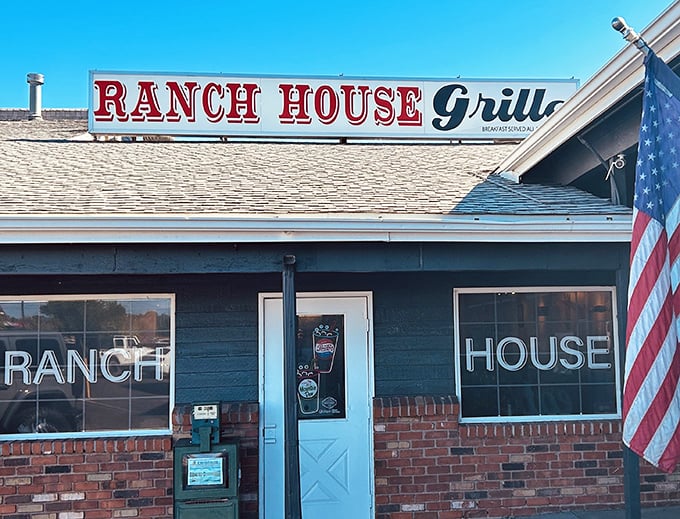 The unassuming exterior of Ranch House Grille stands like a beacon of breakfast hope against the Arizona sky, promising culinary comfort rather than architectural flair.