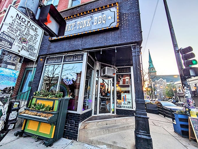The corner brick building with its vintage sign and vibrant mural isn't just announcing "BBQ" – it's promising a time-traveling flavor adventure in Pilsen.