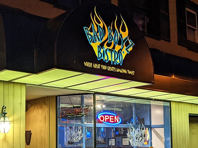 The iconic Bad Boyz Bistro sign promises "great food creates amazing times" – a bold claim that somehow still manages to undersell what awaits inside.