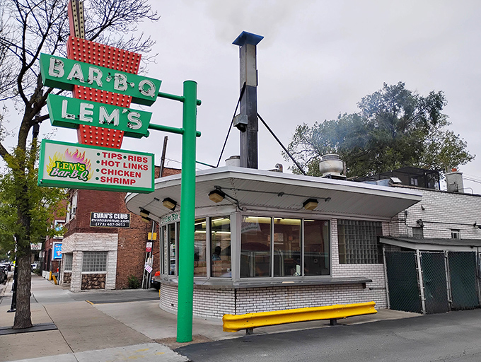 The iconic green and red sign of Lem's Bar-B-Q stands like a beacon of hope for hungry Chicagoans, promising smoky salvation from a humble storefront.