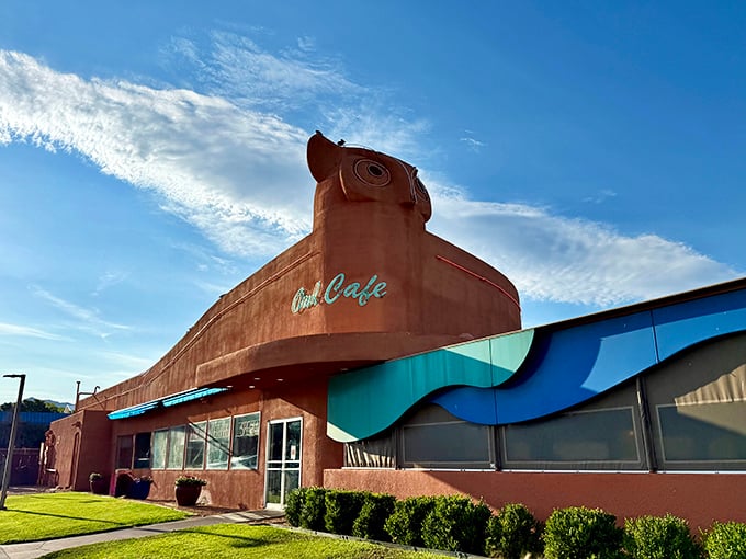 The iconic owl-shaped building stands proudly against the New Mexico sky, proving architecture can indeed be a hoot.
