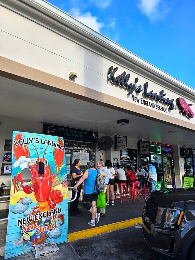 The unassuming storefront might fool you, but that cartoon lobster knows what's up—this is seafood paradise hiding in plain sight.