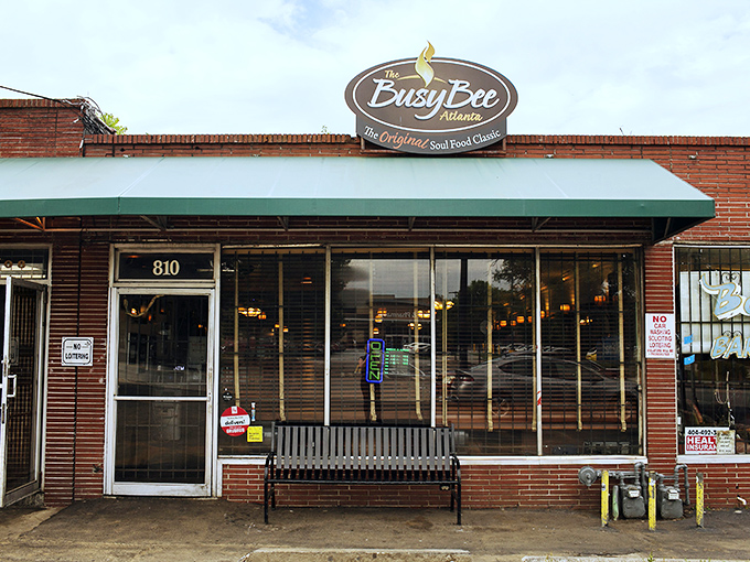 The unassuming brick exterior of Busy Bee Café hides Atlanta's soul food treasure – proof that the best things in life don't need flashy advertising.