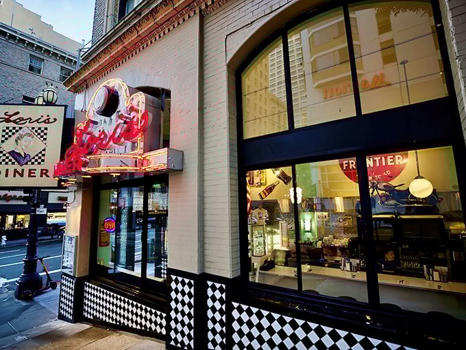 Lori's Diner stands proudly on a San Francisco corner, its vintage neon sign beckoning hungry travelers like a lighthouse for comfort food enthusiasts.