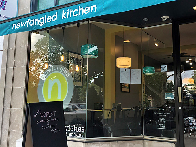 That turquoise awning isn't just eye-catching—it's a beacon for sandwich lovers across Ohio. Newfangled Kitchen's exterior promises culinary adventures within.