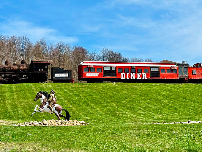 All aboard the flavor express! The Buckeye Express Diner in Bellville sits majestically on a grassy hill, complete with a vintage locomotive and horse statue that screams "only in Ohio."