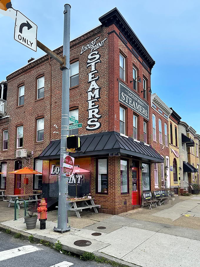 Corner view showcases the iconic vertical "STEAMERS" sign that's guided hungry Baltimoreans to crab paradise for years.