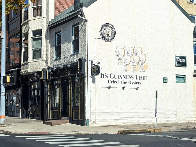 "It's Guinness Time, Cried the Oysters" proclaims the exterior wall – a whimsical invitation that perfectly captures this Reading landmark's playful spirit.