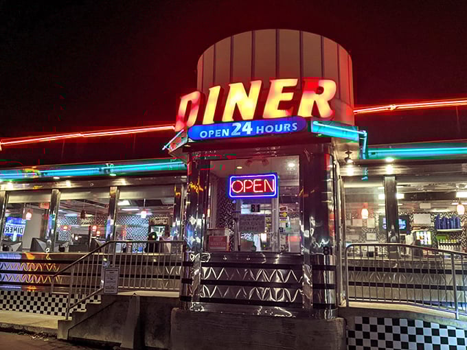 The neon glow of Downingtown Diner at night isn't just illumination—it's a beacon of hope for hungry travelers at any hour.