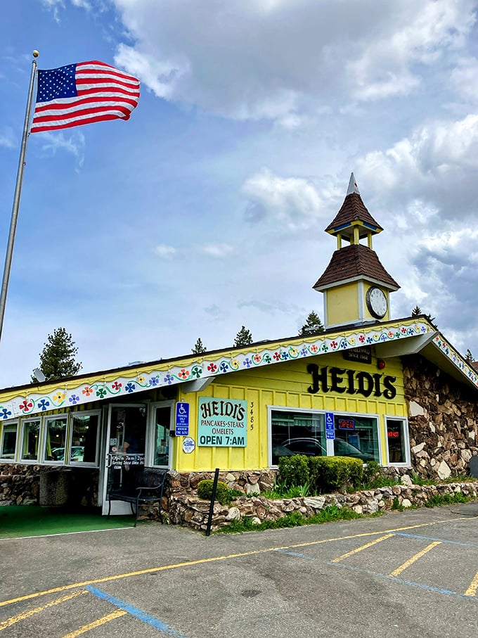 The Swiss chalet of breakfast dreams! Heidi's cheerful yellow exterior with its distinctive clock tower stands ready to welcome hungry Tahoe visitors.
