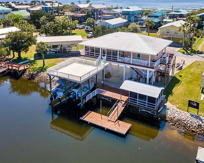 A bird’s-eye view of winding canals threading between homes like nature’s own Venice—no gondolas here, just plenty of fishing rods.