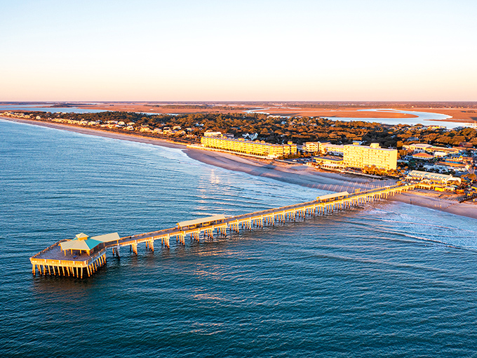 Aerial dreams in turquoise and white – Folly Beach's pristine shoreline and famous pier create South Carolina's answer to paradise.