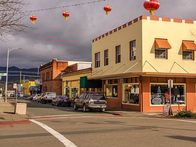 Downtown Ukiah greets visitors with colorful Chinese lanterns strung above historic buildings, creating a small-town charm that feels like stepping into a Norman Rockwell painting with a California twist.