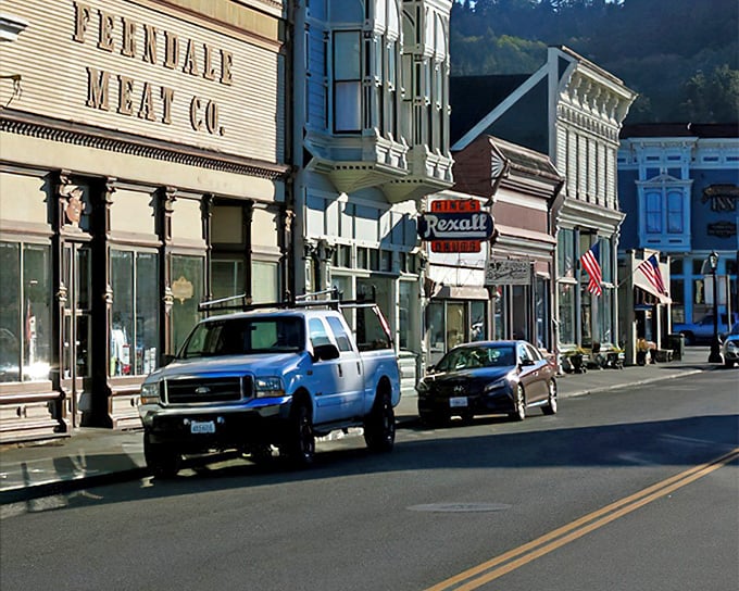 Ferndale's Main Street looks like a movie set, but it's 100% authentic California history—complete with the iconic Ferndale Meat Co. and vintage Rexall sign.