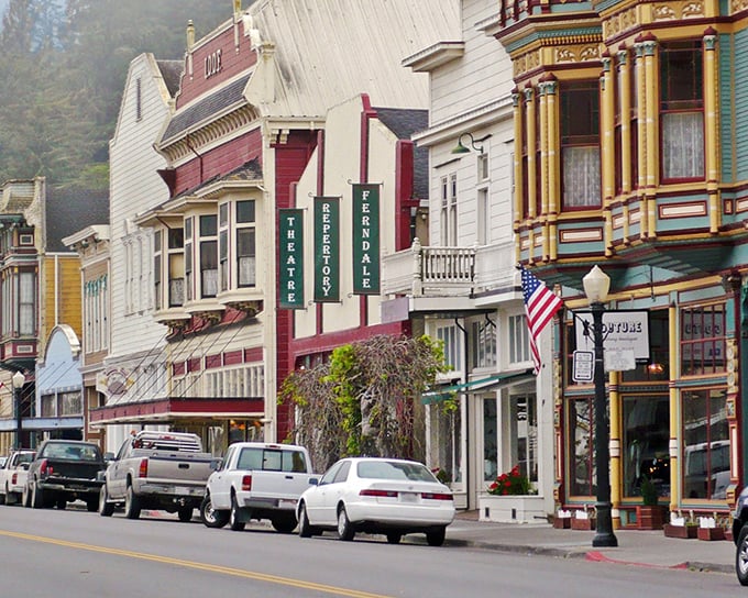 Ferndale's Main Street looks like a movie set, but it's 100% authentic California history—complete with the iconic Ferndale Meat Co. and vintage Rexall sign.