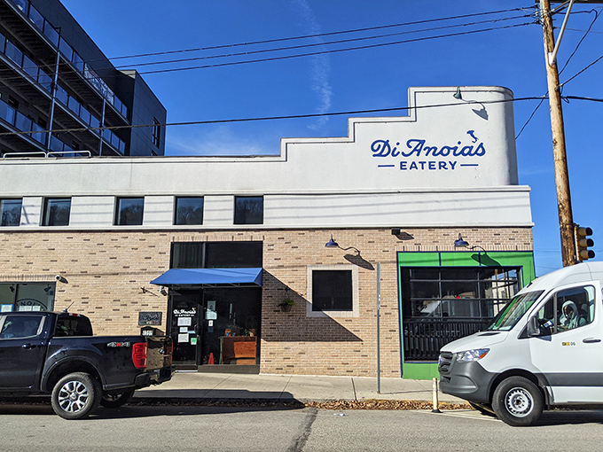 The corner spot with the bright green window frames isn't trying to hide – DiAnoia's announces itself to Pittsburgh's Strip District with confident charm.
