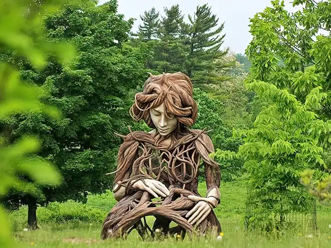Mother Nature herself seems to have taken a seat in the garden, her wooden form a reminder that we're all just visitors in her leafy domain.