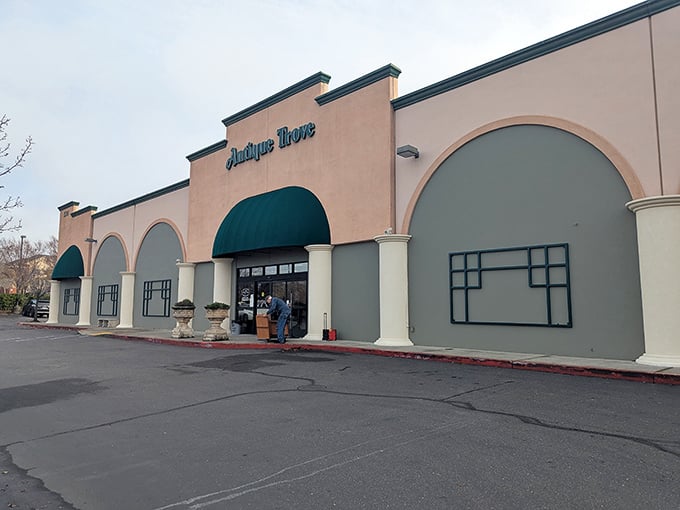 The unassuming exterior of Antique Trove belies the wonderland of nostalgia waiting inside, like a time-travel portal disguised as a strip mall tenant.