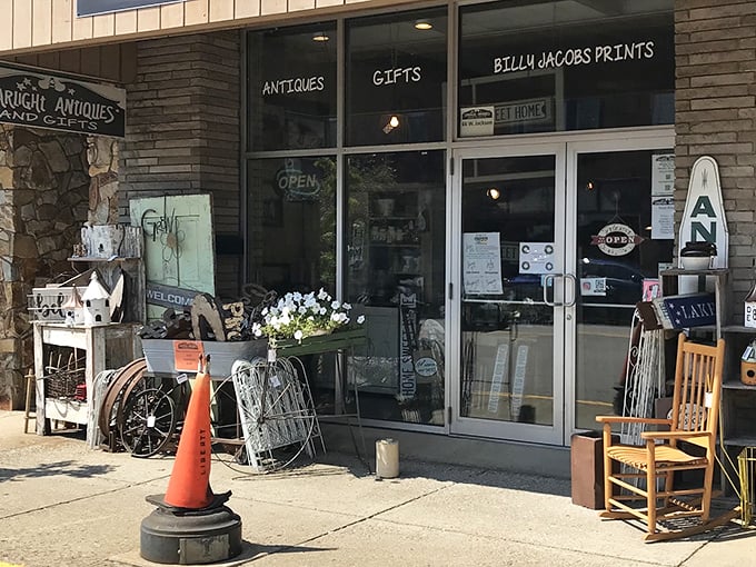 The unassuming storefront of Starlight Antiques beckons with promises of treasures within. That rocking chair on the sidewalk isn't just decoration—it's an invitation to slow down.