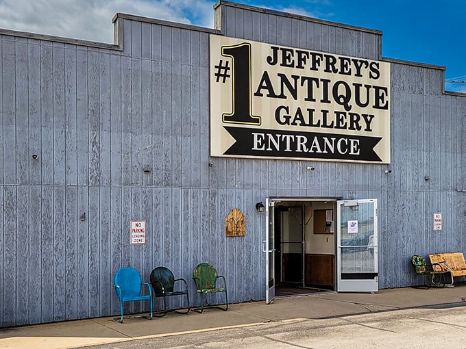 The unassuming blue exterior of Jeffrey's Antique Gallery stands like a TARDIS—modest on the outside, but containing universes of treasures within.