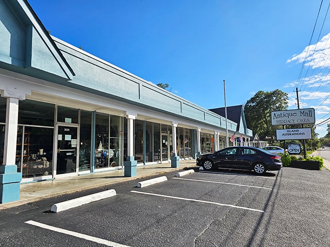 The distinctive blue exterior of Terrace Oaks Antique Mall beckons treasure hunters with the promise of discoveries waiting just beyond those glass doors.
