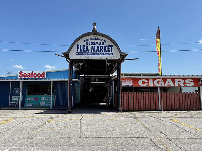 The entrance of Oldsmar Flea Market sets the stage for a world of treasures inside — the ultimate Florida bargain hunter’s paradise.