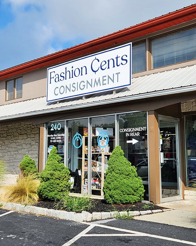 The welcoming storefront of Fashion Cents Consignment beckons bargain hunters with its clean lines and inviting entrance—Pennsylvania thrift shopping at its finest.
