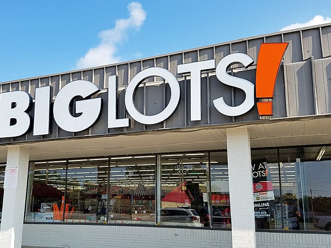 The iconic orange exclamation point beckons like a promise – something exciting awaits inside these walls where bargain hunters find their paradise.