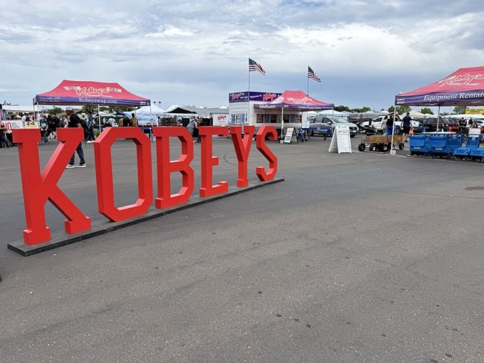 The iconic red KOBEY'S sign welcomes treasure hunters to San Diego's weekend wonderland. Like a beacon for bargain seekers everywhere!
