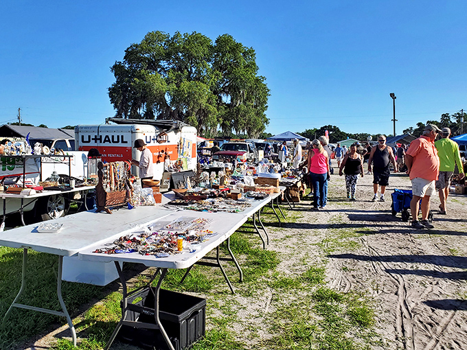 Treasure hunting in action! Tables laden with curiosities stretch into the distance while shoppers scan for that perfect find under Florida's brilliant blue sky.