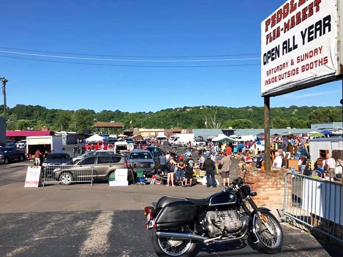 Like a retail time machine, this sign promises year-round bargain hunting. Rain, shine, or Ohio winter – the treasure quest never stops.