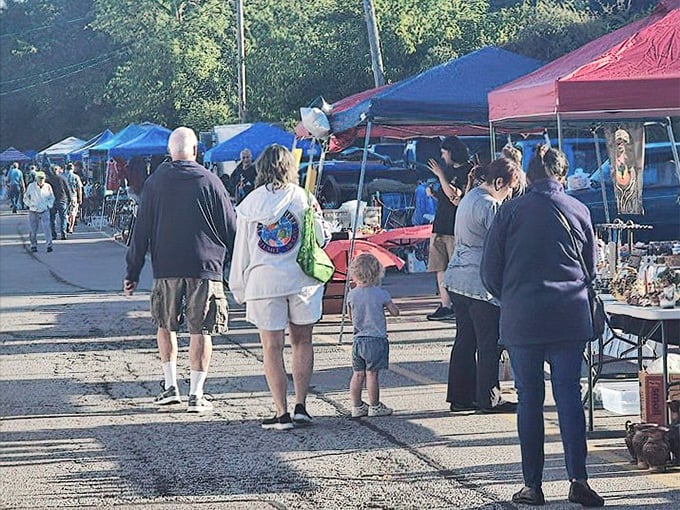 The outdoor vendor area buzzes with weekend treasure hunters. Three generations browse together, proving flea market adventures are best shared as family affairs.