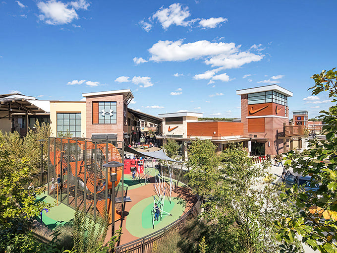 A bird's-eye view of shopping paradise, complete with a playground where kids can burn energy while parents burn through credit cards.