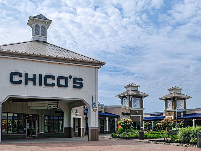Chico's storefront stands as a beacon for fashion-forward shoppers. Those distinctive cupolas aren't just for show—they're signaling "deals ahead!"