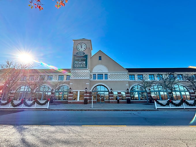 The iconic clock tower stands sentinel over bargain hunters, as if to say, "You've got all day, but tick-tock on those limited-time offers!"