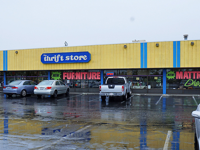 The unmistakable yellow exterior with its bold blue signage stands like a beacon of bargain possibilities, promising treasures within those unassuming walls.
