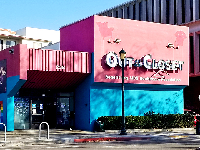 The unmistakable pink and blue façade of Out of the Closet in Oakland stands out like a beacon for bargain hunters and do-gooders alike.