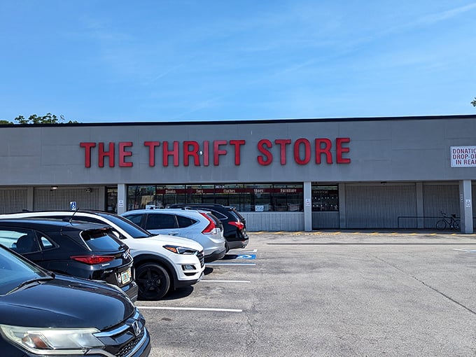 The bold red letters practically scream "bargain paradise!" This unassuming storefront houses treasures waiting to be discovered by savvy shoppers.