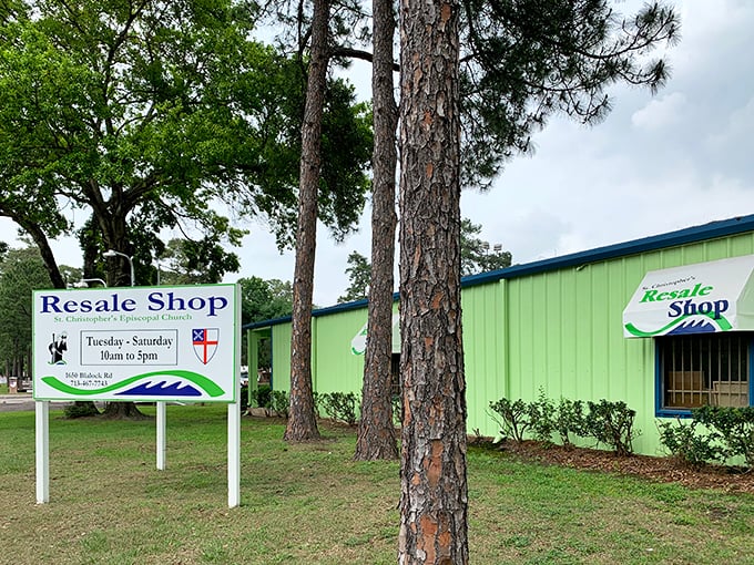 The lime-green building stands out like a beacon of bargain-hunting hope, promising treasures within its unassuming walls.