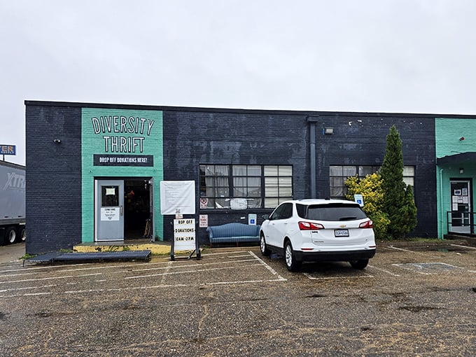 The teal-accented entrance to Diversity Thrift stands like a portal to treasure-hunting paradise. Who knew bargain heaven had such a distinctive façade?