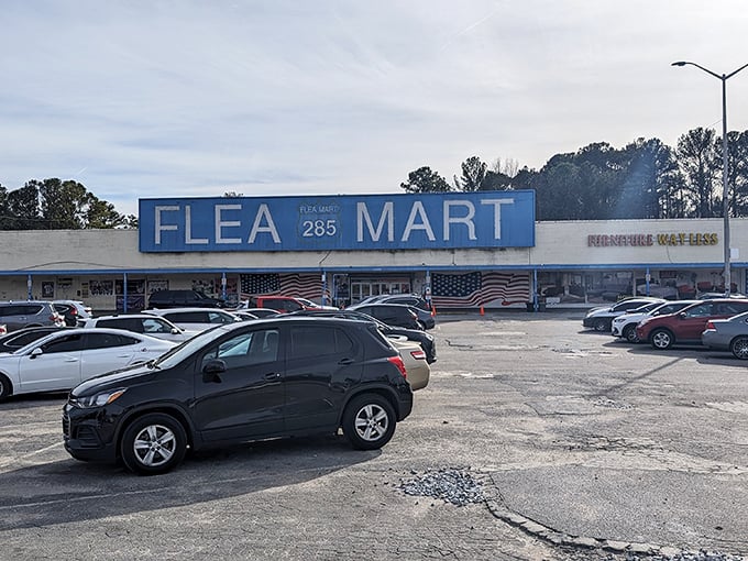 The unassuming exterior of 285 Flea Mart belies the treasure trove within. Like a retail speakeasy, it keeps its secrets hidden behind a modest blue facade.