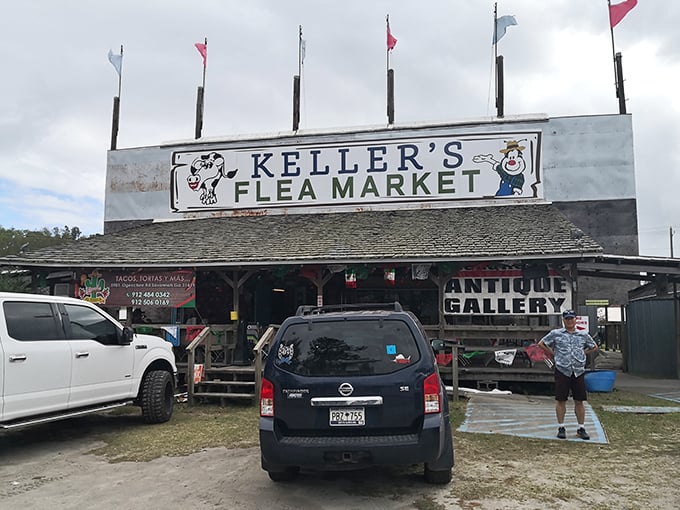 The gateway to treasure hunting paradise! Keller's rustic facade with its colorful flags promises adventures in bargain-hunting that'll make your wallet sing with joy.