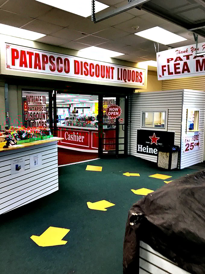 The unassuming entrance to Patapsco Discount Liquors shares space with the flea market – like finding the secret passage to Narnia through a liquor store.
