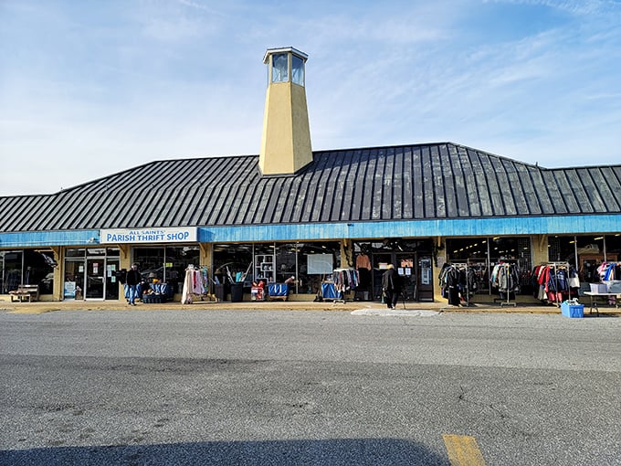 The distinctive blue trim and tower make All Saints' Parish Thrift Shop a landmark for bargain hunters. Like a retail lighthouse guiding thrifters to treasure!