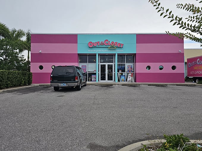 The Miami Vice meets Barbie dreamhouse exterior isn't just eye-catching—it's a beacon of hope and bargains in St. Petersburg's retail landscape.