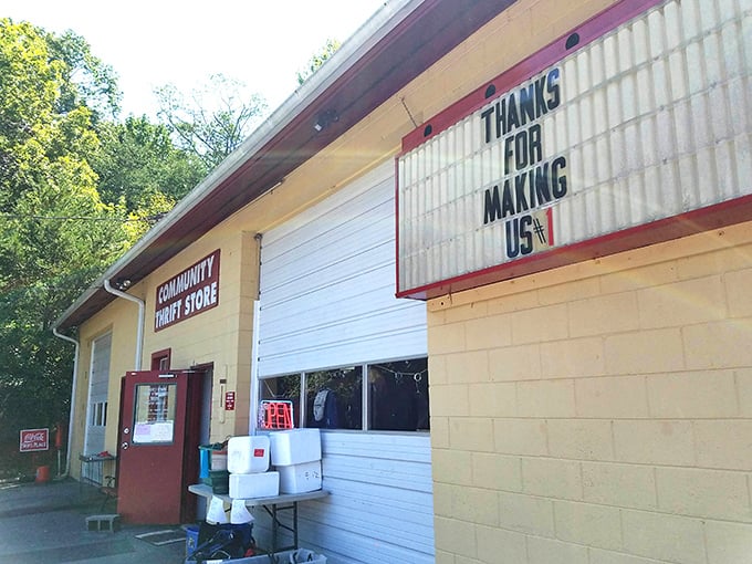 The unassuming exterior of Community Thrift Store hides a world of secondhand treasures—because around here, being #1 means bargains for everyone.