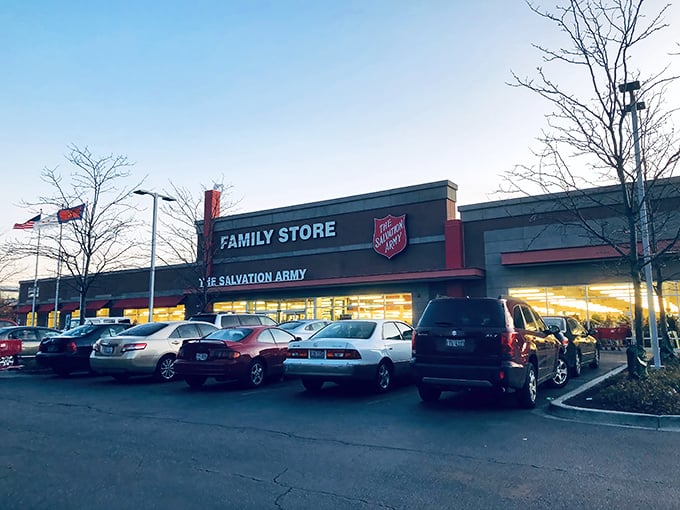 The iconic red-trimmed facade of the Salvation Army Family Store on Clybourn Avenue stands ready to welcome bargain hunters and treasure seekers alike.