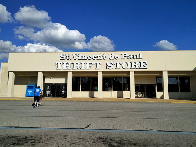 The unassuming exterior of St. Vincent de Paul Thrift Store in St. Louis – where treasure hunters begin their quest for secondhand gold.