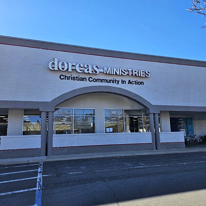 The unassuming exterior of Dorcas Ministries hides a treasure trove within. Like finding an entire amusement park inside what looks like a regular ticket booth!