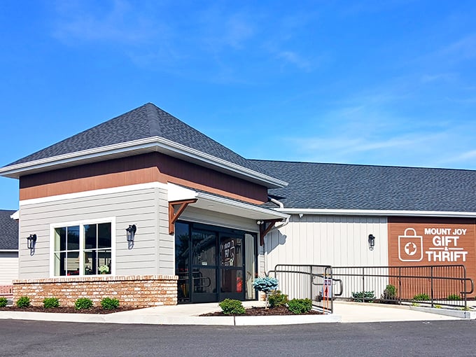 The modern exterior of Mount Joy Gift & Thrift belies the treasure trove within—like finding a five-star restaurant in a gas station.